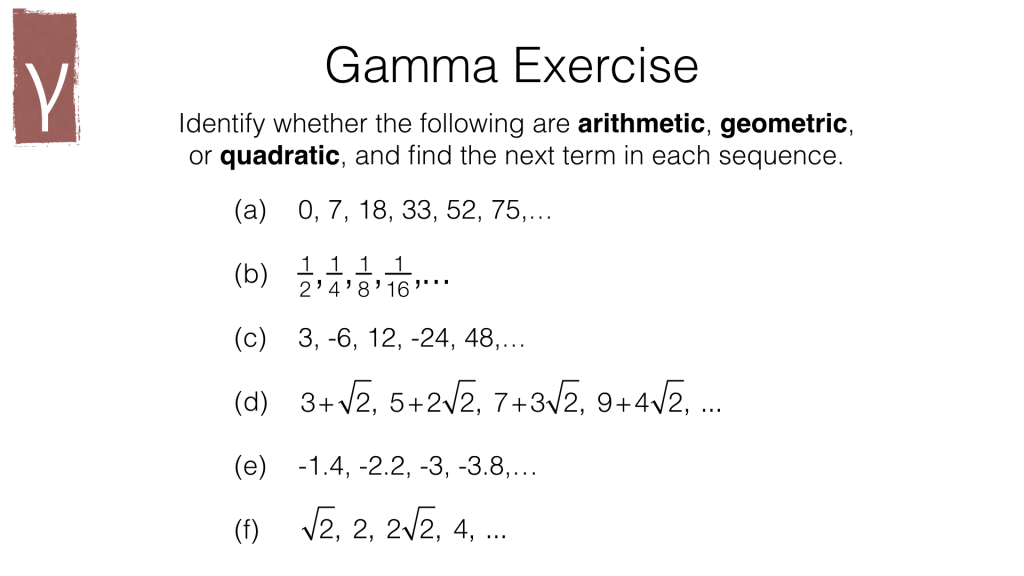 A24b – Recognising arithmetic, geometric and quadratic sequences – BossMaths.com