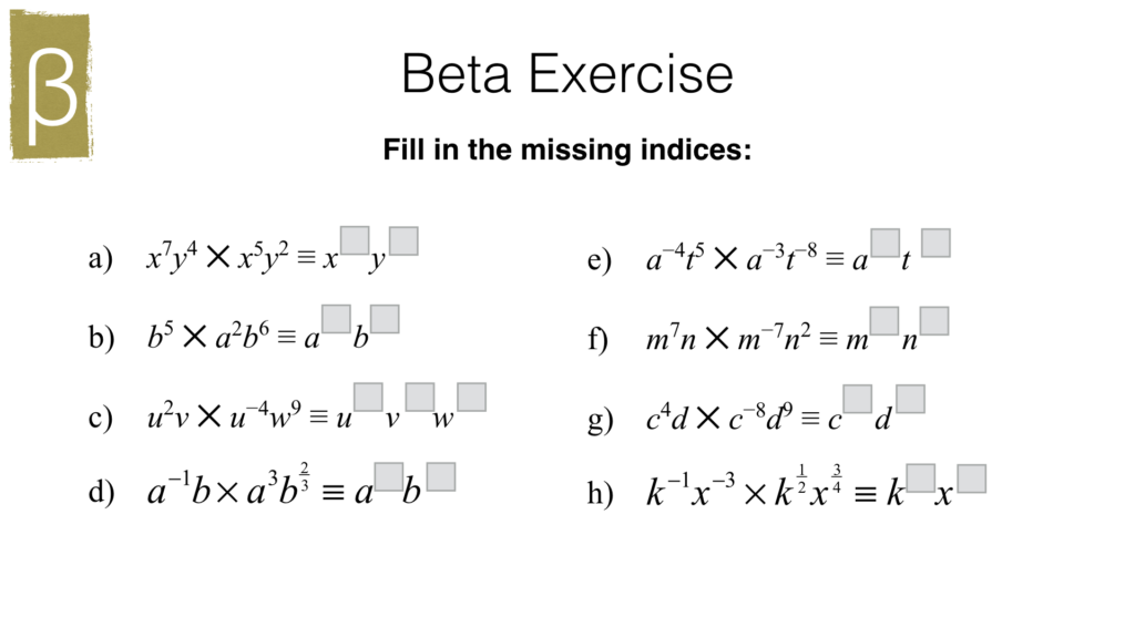 A4i – Index laws and solving equations involving indices – BossMaths.com
